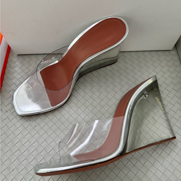 Amina Muaddi | Shoes | Amina Muaddi Lupita Glass Wedge Pvc Clear Silver Mule Sandals Heel Shoes ...